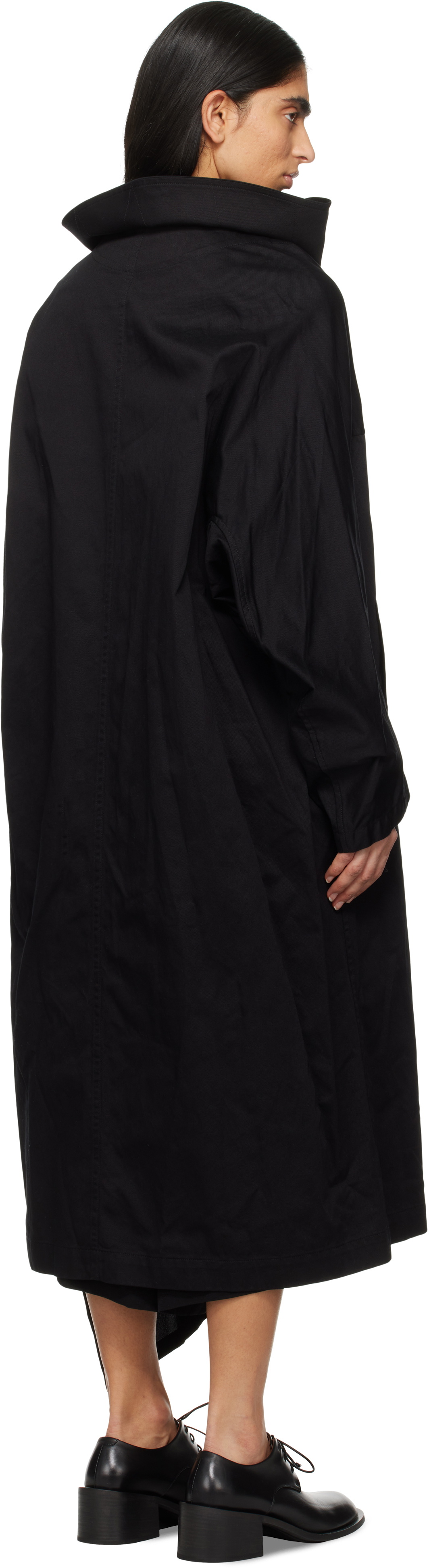Y's Black Cotton Twill Long Cape Coat Ys