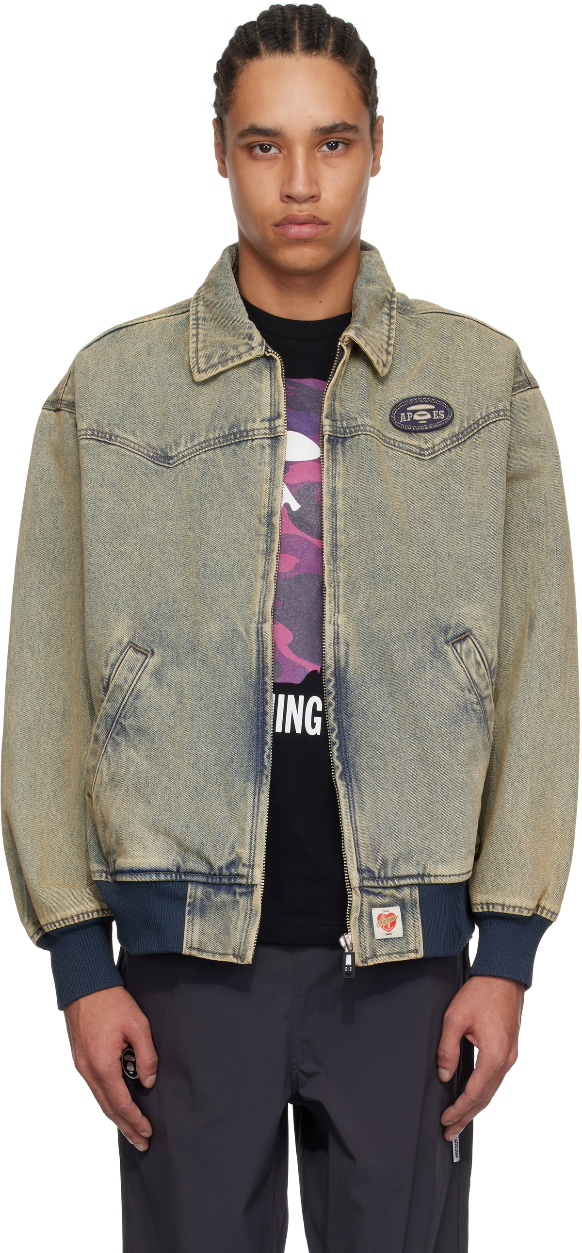 AAPE by A Bathing Ape Blue 'AAPE' Main Light Weight Denim Bomber Jacket ...