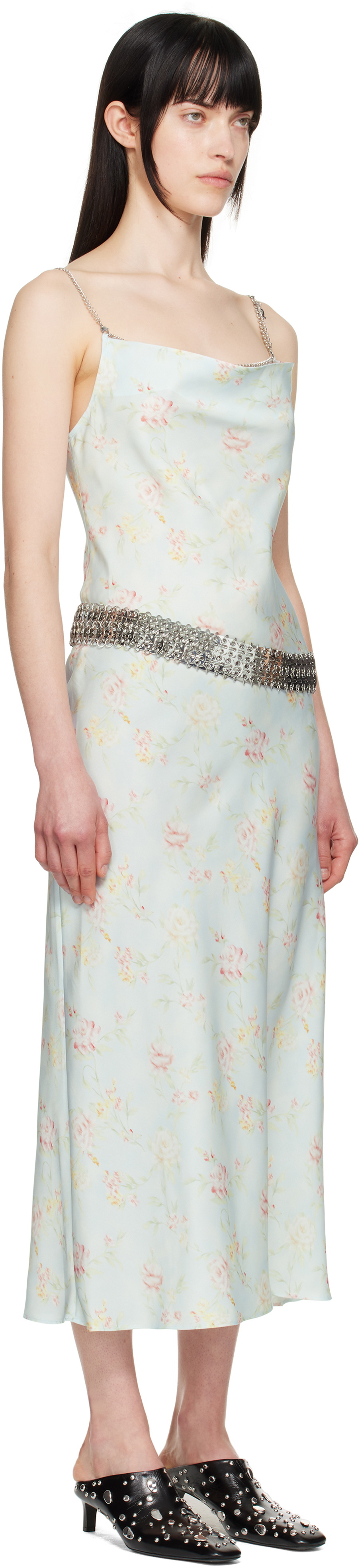 Rabanne Blue Double Satin Printed Midi Dress Paco Rabanne