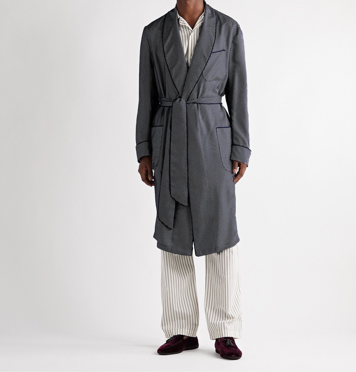 PAUL STUART - Piped Pin-Dot Silk-Twill Robe - Blue Paul Stuart