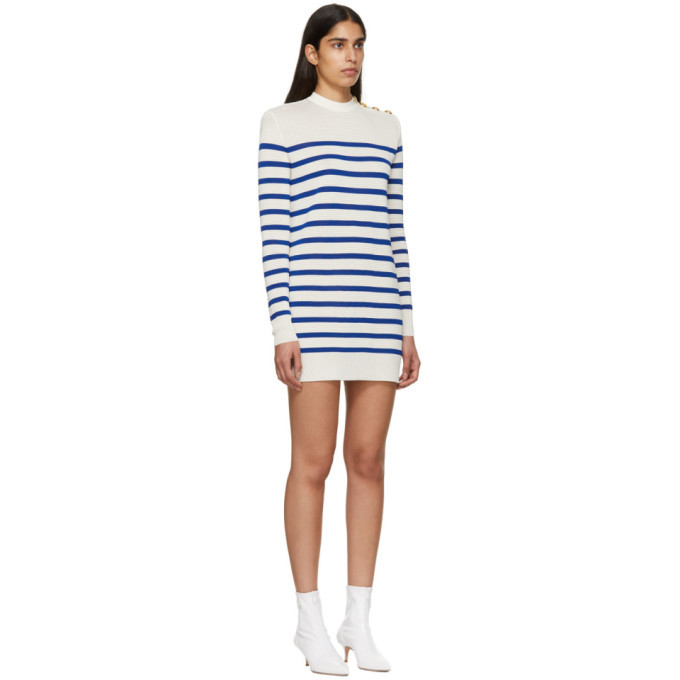 Balmain Blue and White Striped Buttoned Knit Mini Dress Balmain