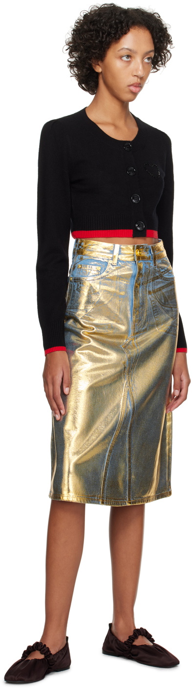 GANNI Blue & Gold Foil-Coated Denim Midi Skirt GANNI