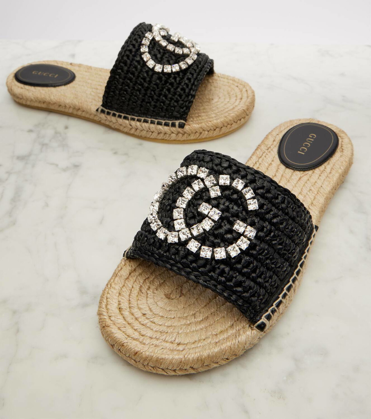 Gucci GG embellished raffia espadrille slides Gucci