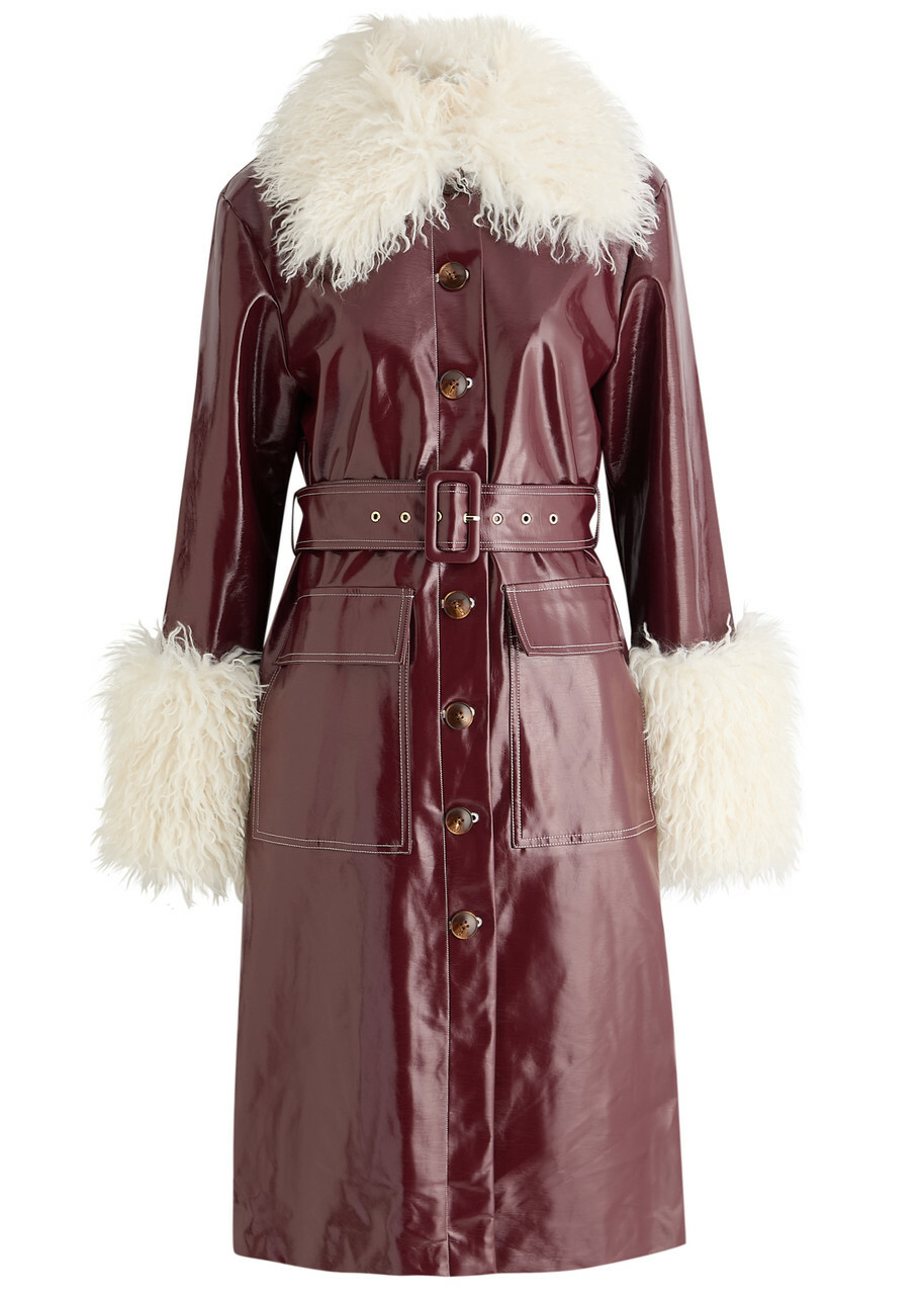 Kitri Simone Faux Shearling-trimmed Vinyl Coat Burgundy KITRI