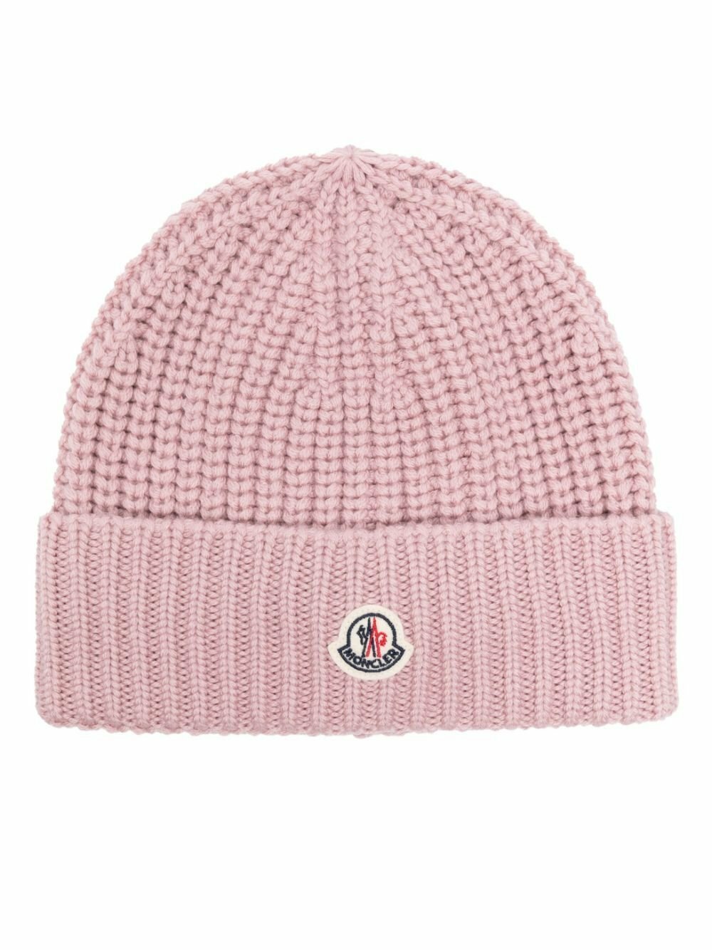 Moncler Pink Logo-Patch Virgin-Wool Beanie Hat Moncler