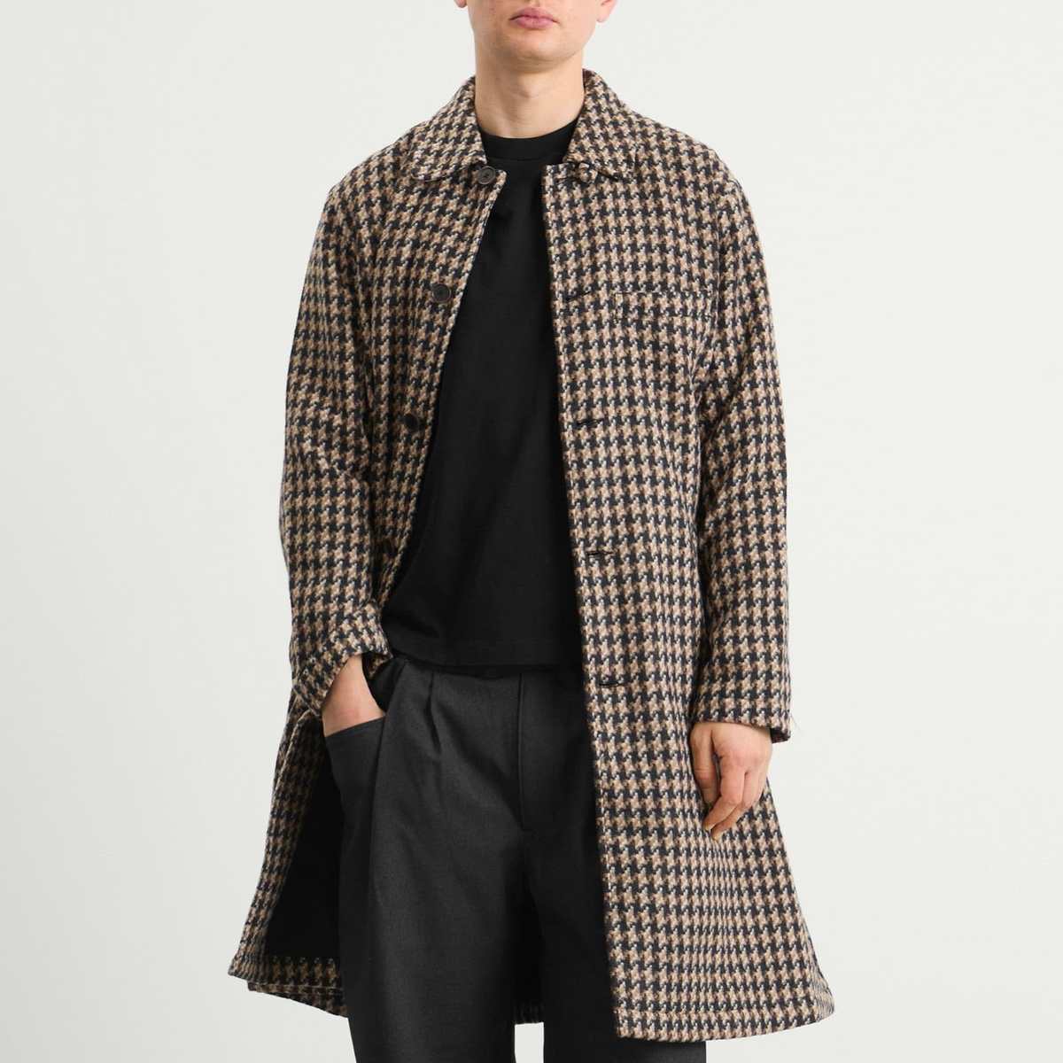 Universal Works Men's Cortina Tweed Long Swing Coat in Sand Universal Works