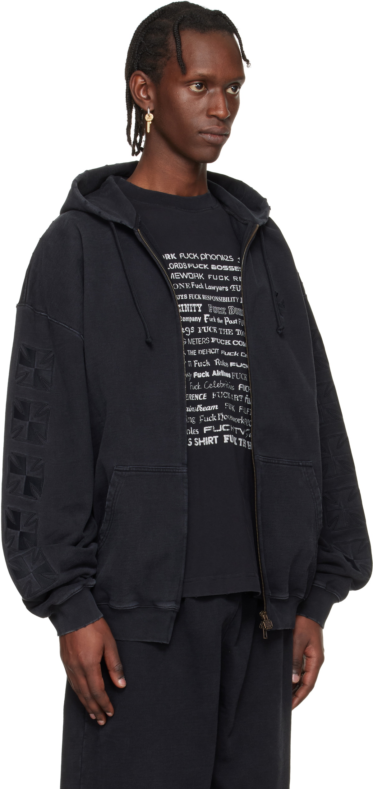 VETEMENTS Black Embroidered Biker Cross Sleeves Zip-Up Hoodie Vetements