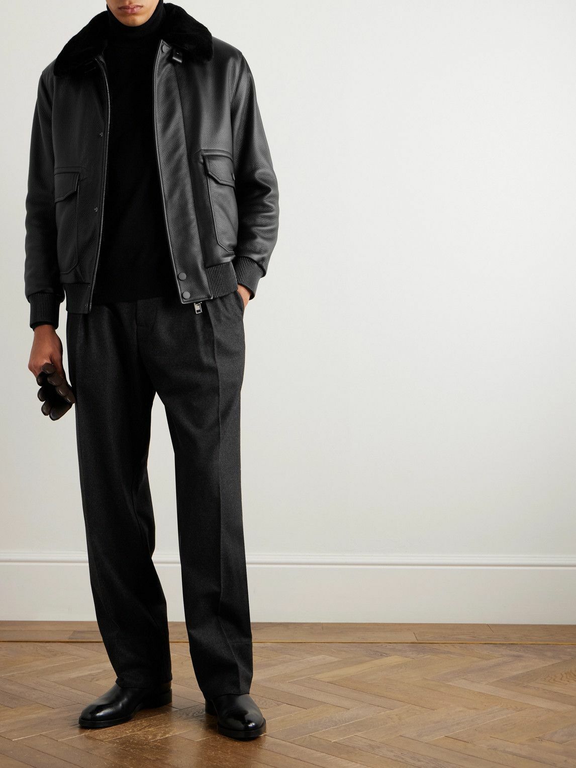 Brioni - Shearling-Trimmed Full-Grain Leather Aviator Jacket - Black Brioni