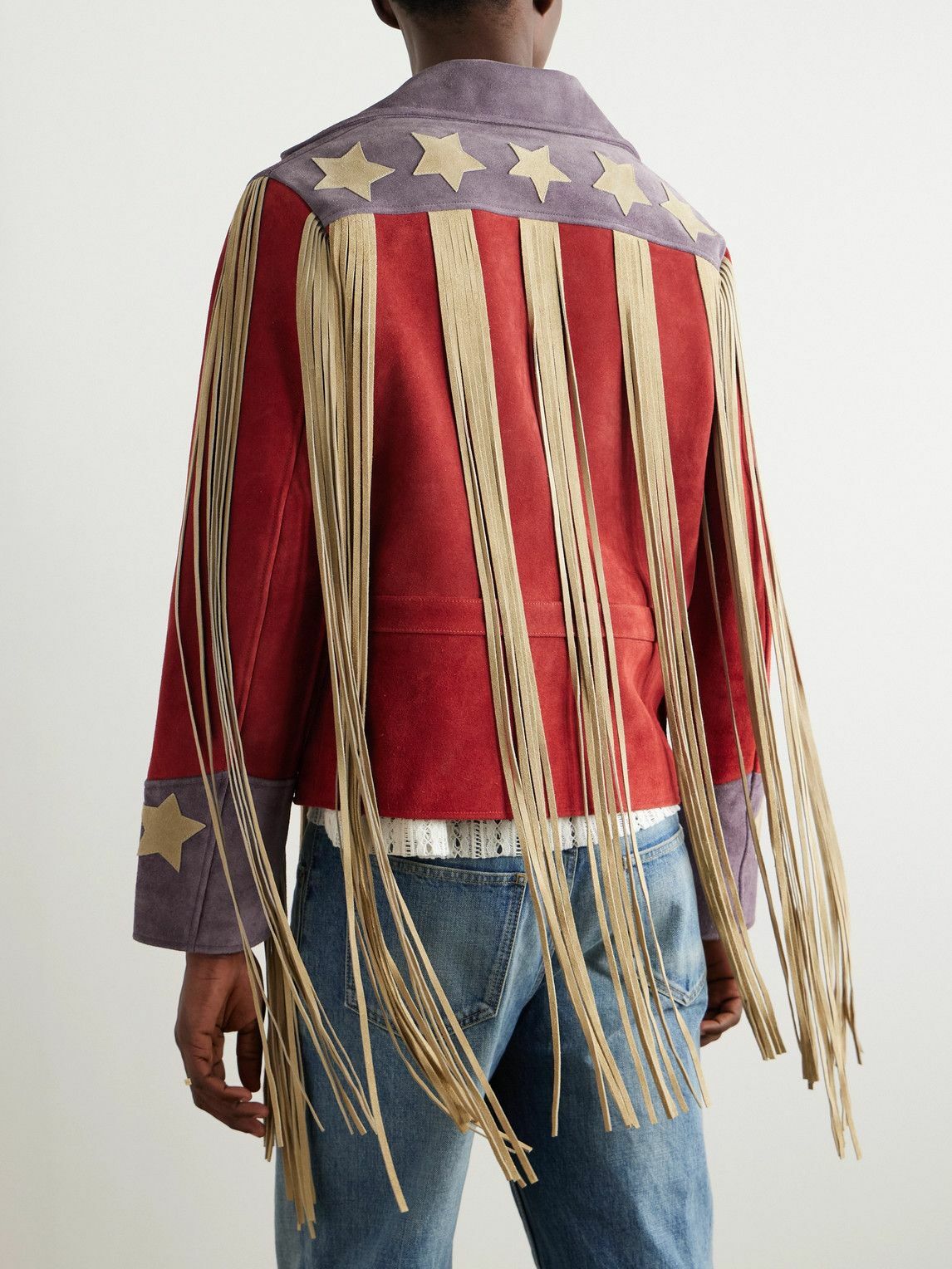 BODE - Appliquéd Colour-Block Fringed Suede Jacket - Red Bode