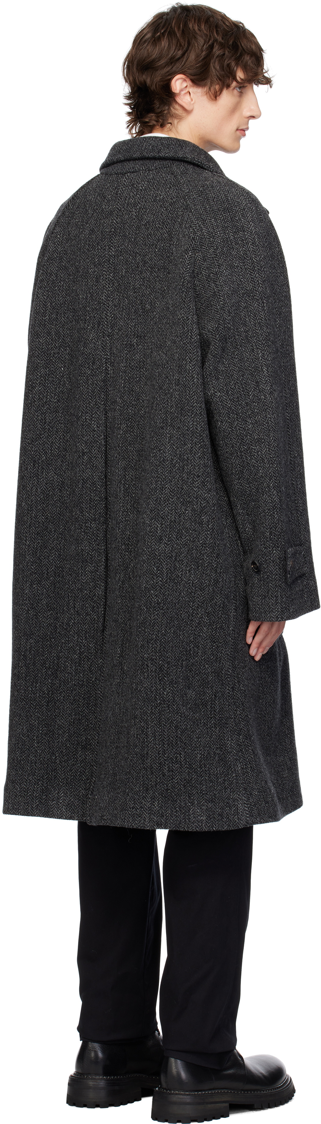 Drake's Gray Herringbone Wool Double-Breasted Raglan Coat Drake's