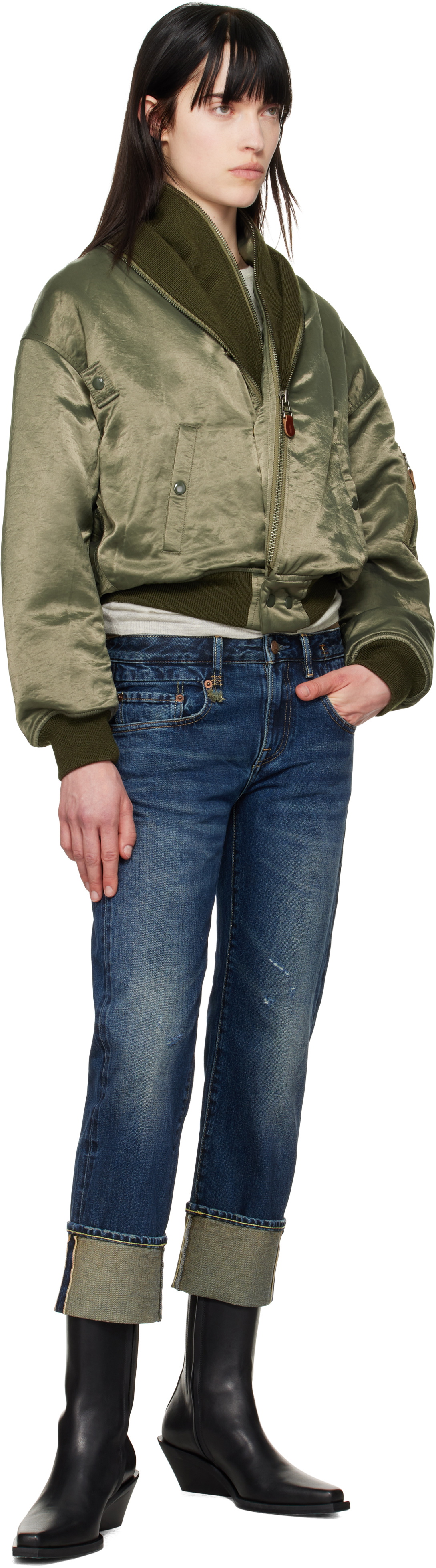 R13 Khaki Zip Collar Flight Bomber Jacket R13