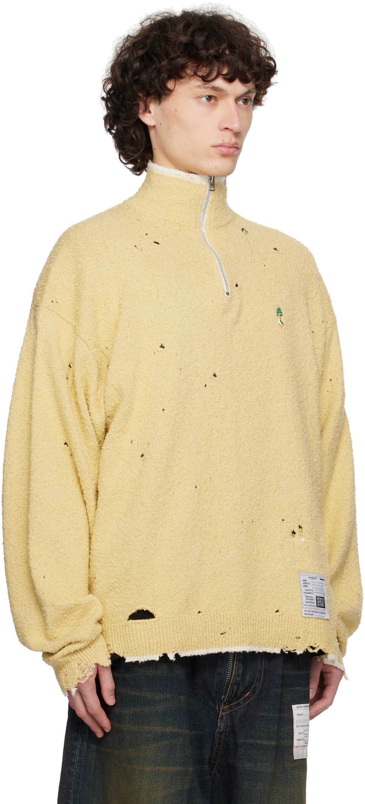 Maison MIHARA YASUHIRO Yellow Distressed Knit Half Zip Sweater Maison ...