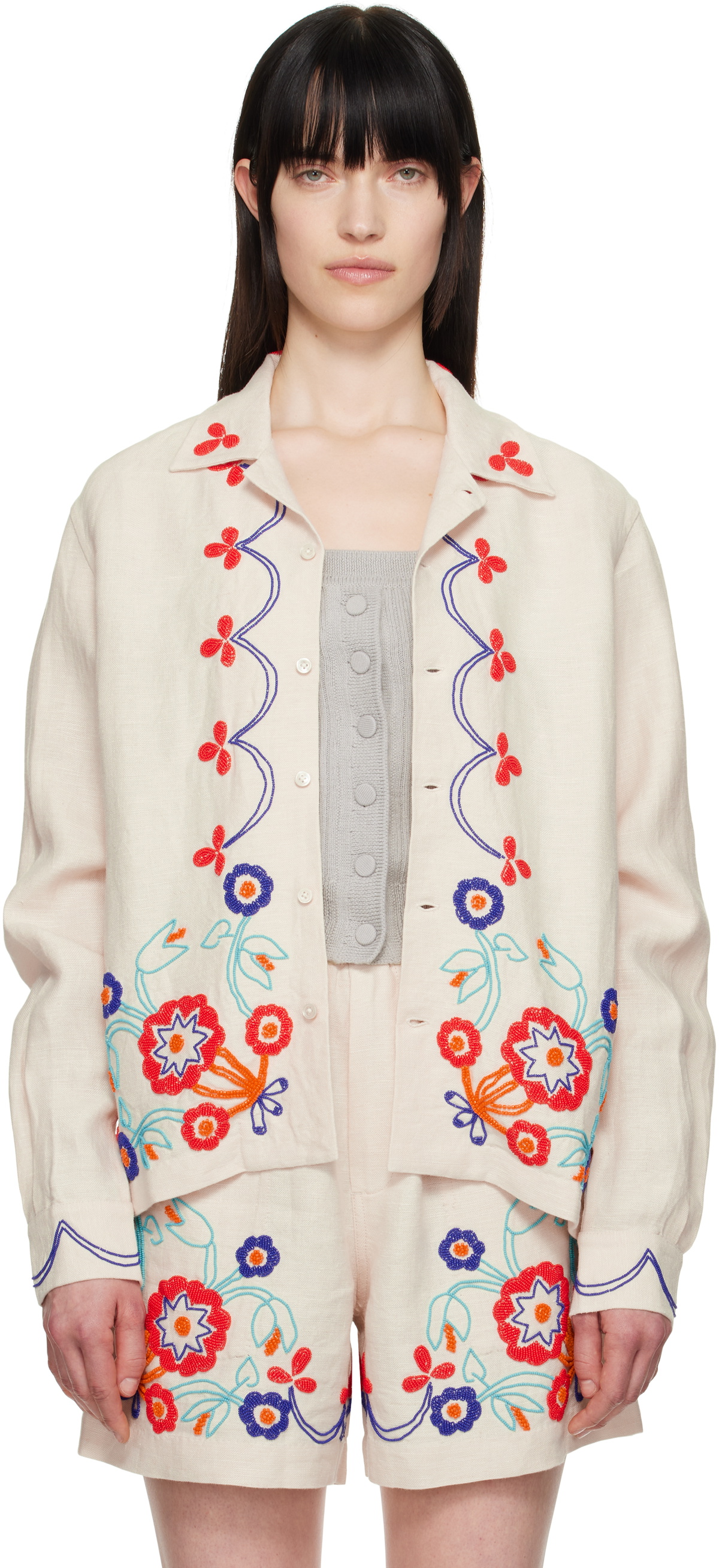Bode Off-White Beaded Garden Party Shirt Bode