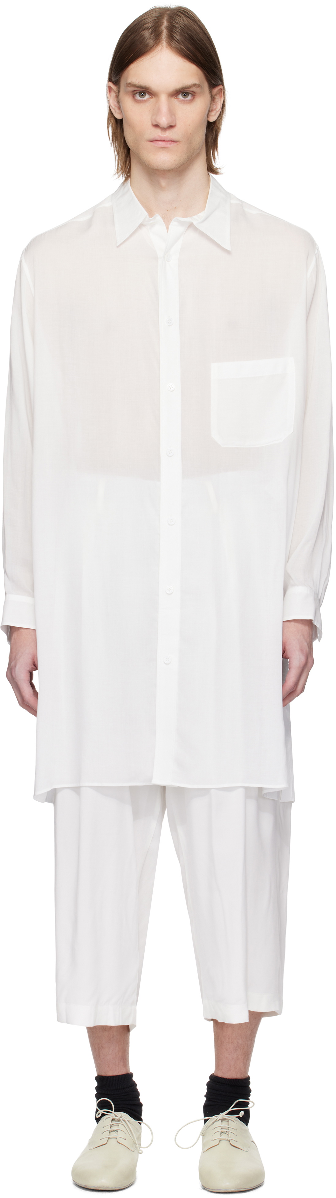 YOHJI YAMAMOTO White 80 Modal Lawn Back Paneled Slit Shirt Yohji Yamamoto