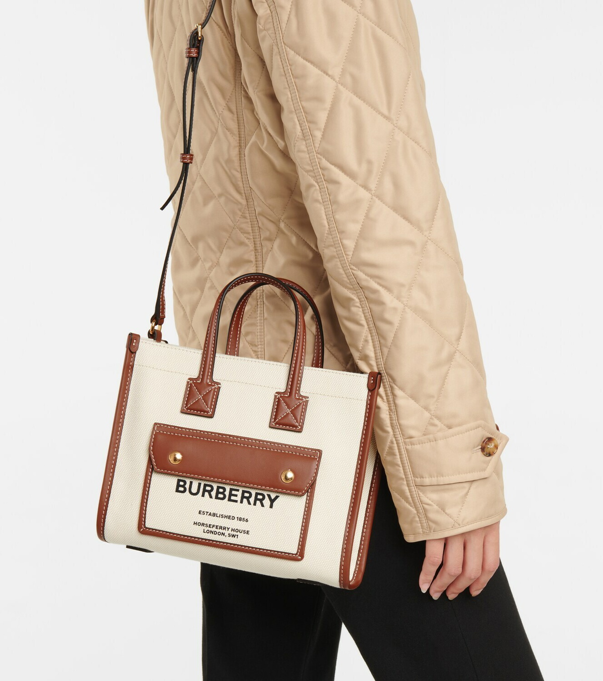 Burberry Pocket leather-trimmed canvas tote Burberry