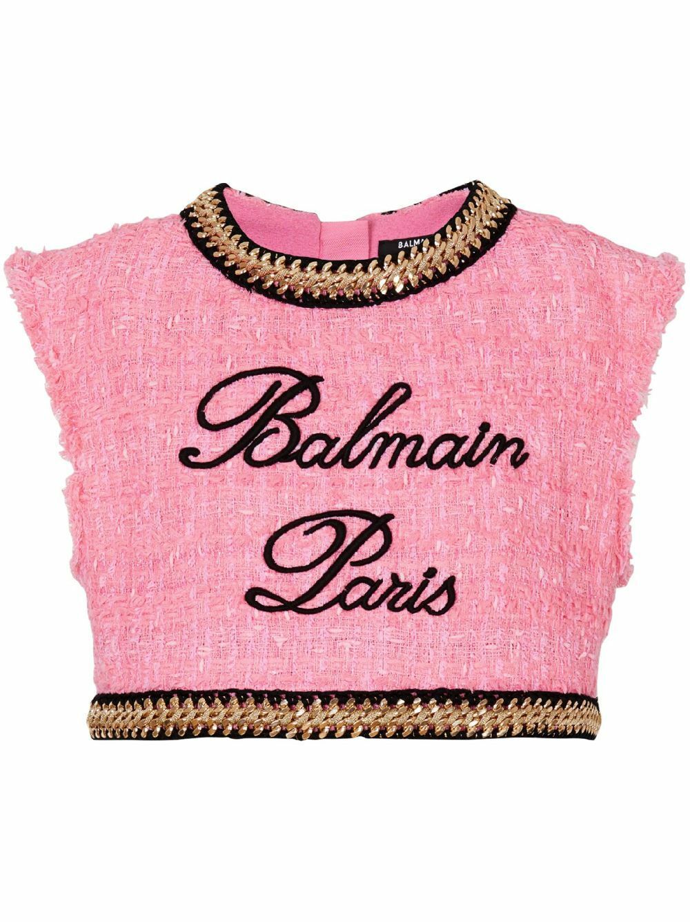 Balmain Pink Logo-Embroidered Tweed Crop Top Balmain