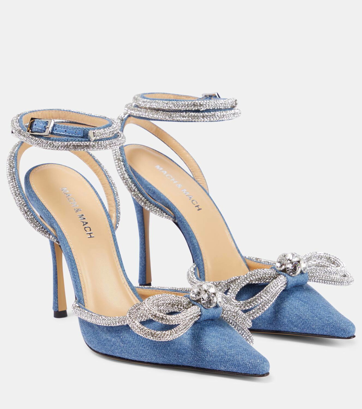 Mach & Mach Double Bow 110 embellished denim pumps MACH & MACH