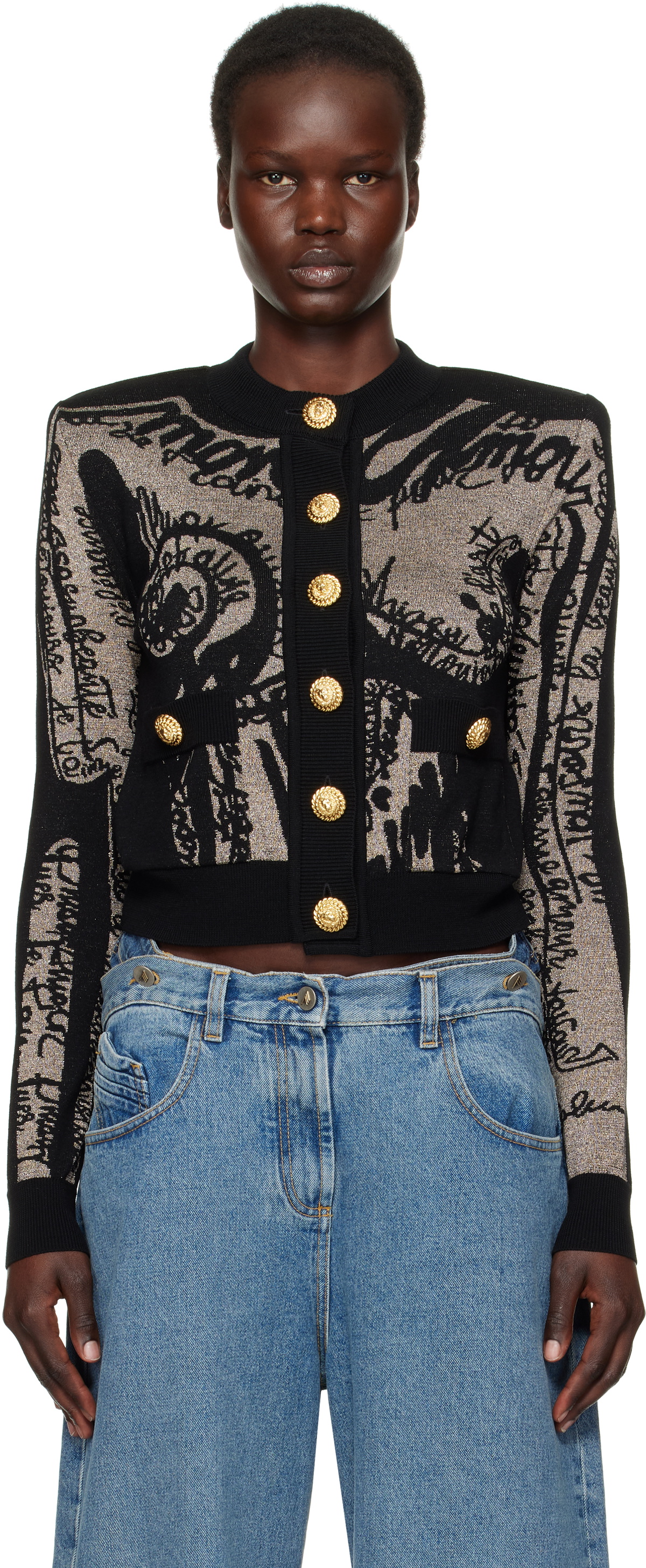 Balmain Black Jacquard Knit Body Motif Cardigan Balmain