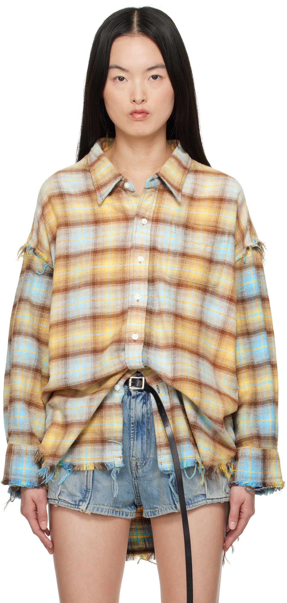 R13 Blue & Yellow Shredded Seam Drop Neck Shirt R13