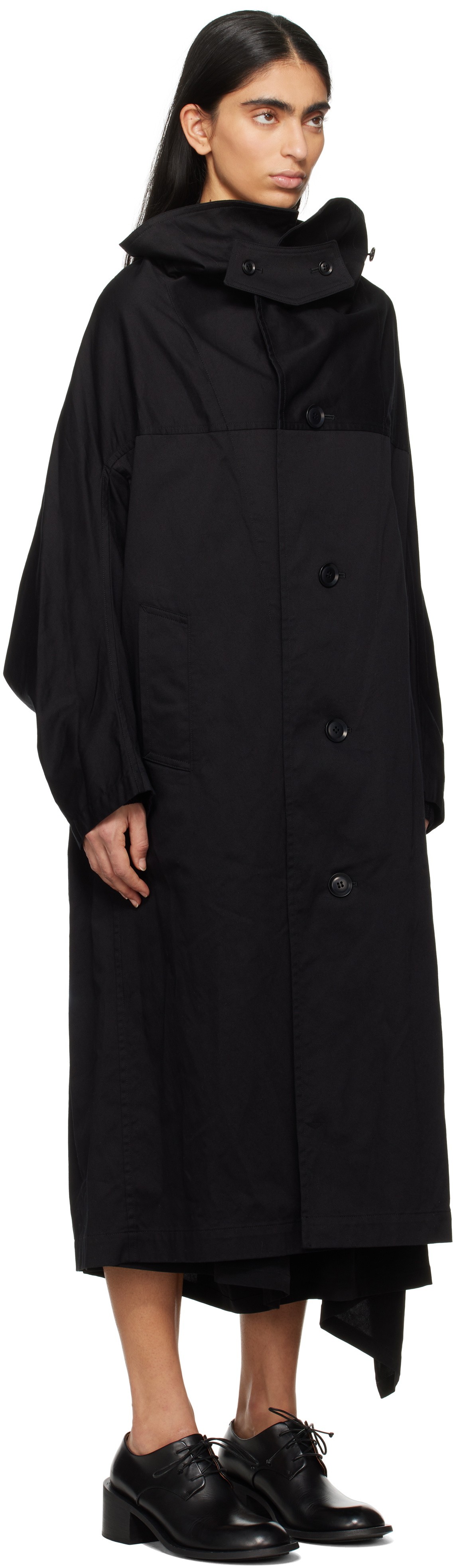 Y's Black Cotton Twill Long Cape Coat Ys