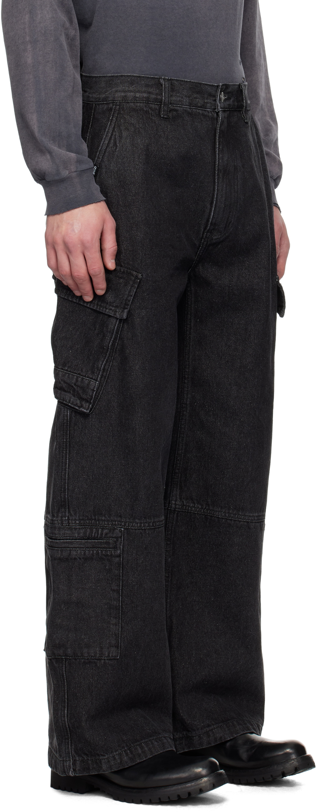Izzue Black Faded Denim Cargo Pants Izzue