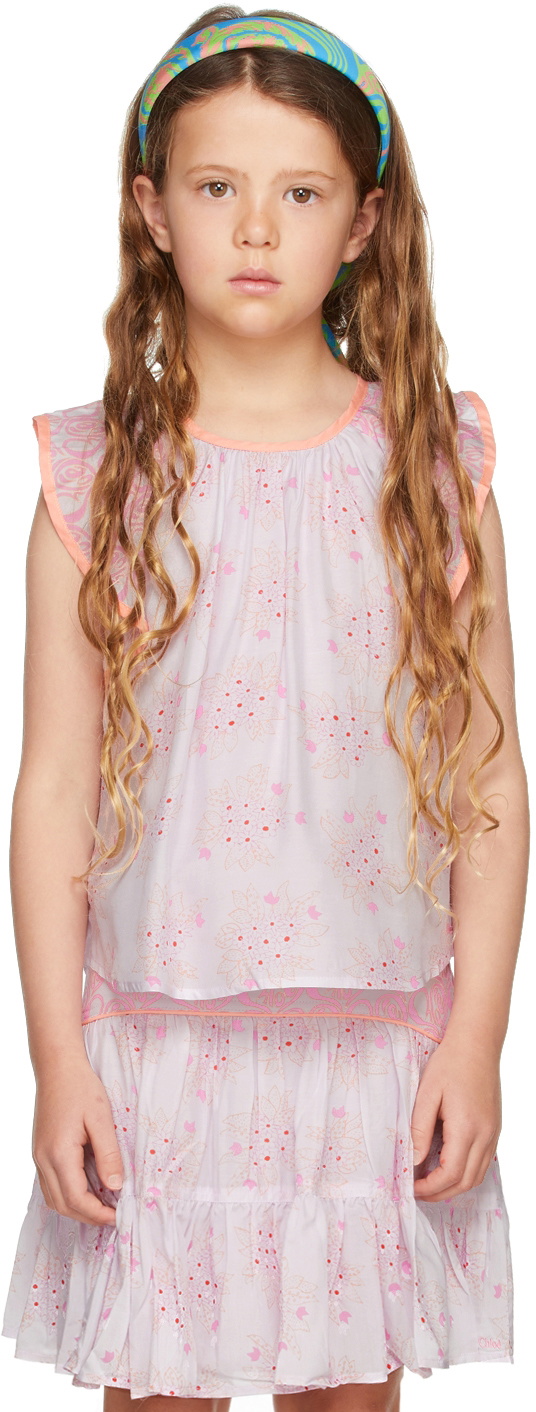 Chloé Kids Pink Floral Ruffle Tank Top Chloe