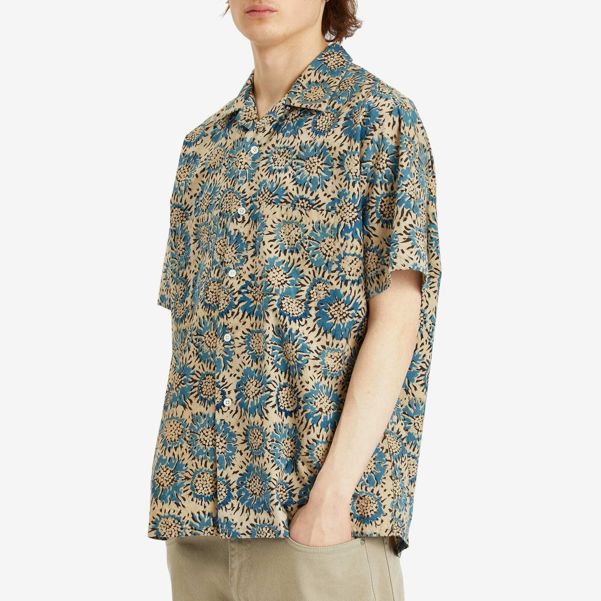 Beams Plus Men's Open Collar Block Print Sunflower Shirt in Blue Beams Plus