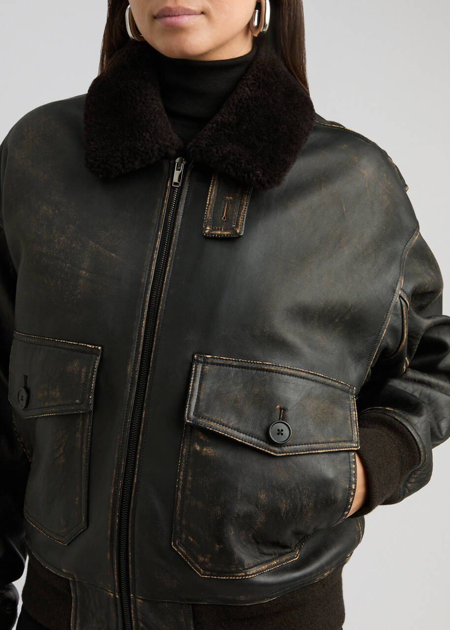 The Row Adonis Shearling-trimmed Distressed Leather Jacket Black The Row