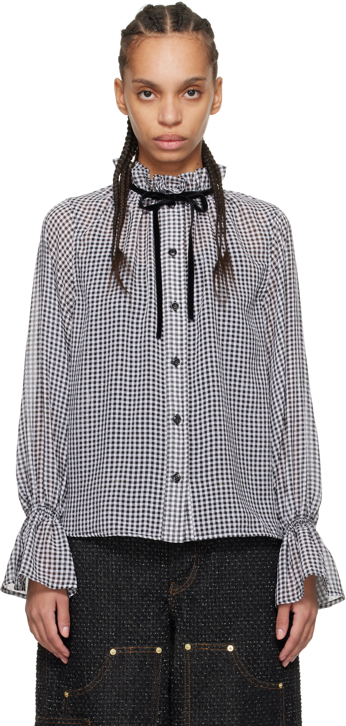 GANNI Black & White Sheer Check Tie String Shirt GANNI