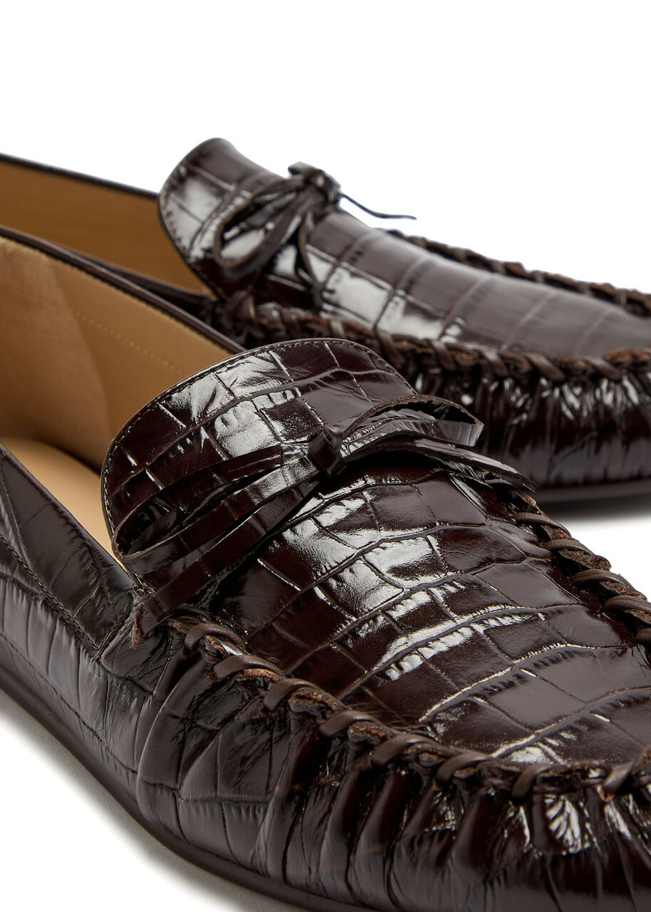 Stuart Weitzman Britt Bow Crocodile-effect Patent Leather Loafers Brown ...