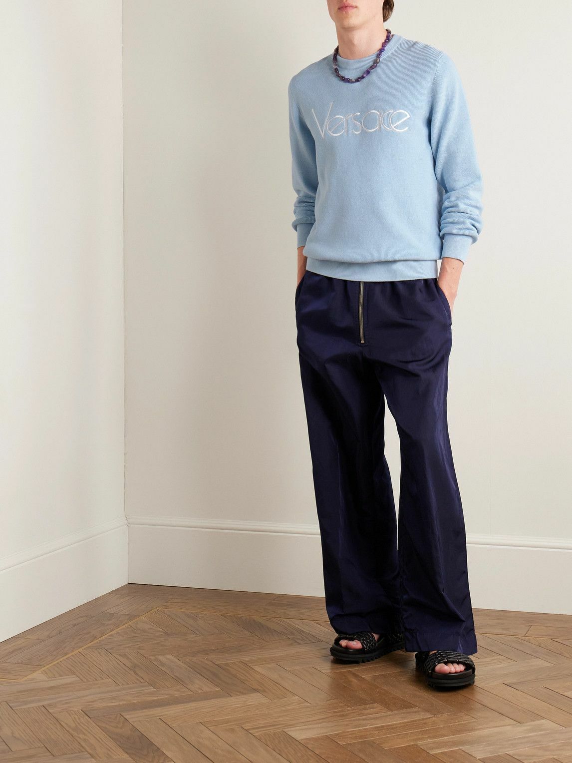 Versace - Logo-Embroidered Cotton-Blend Sweater - Blue Versace