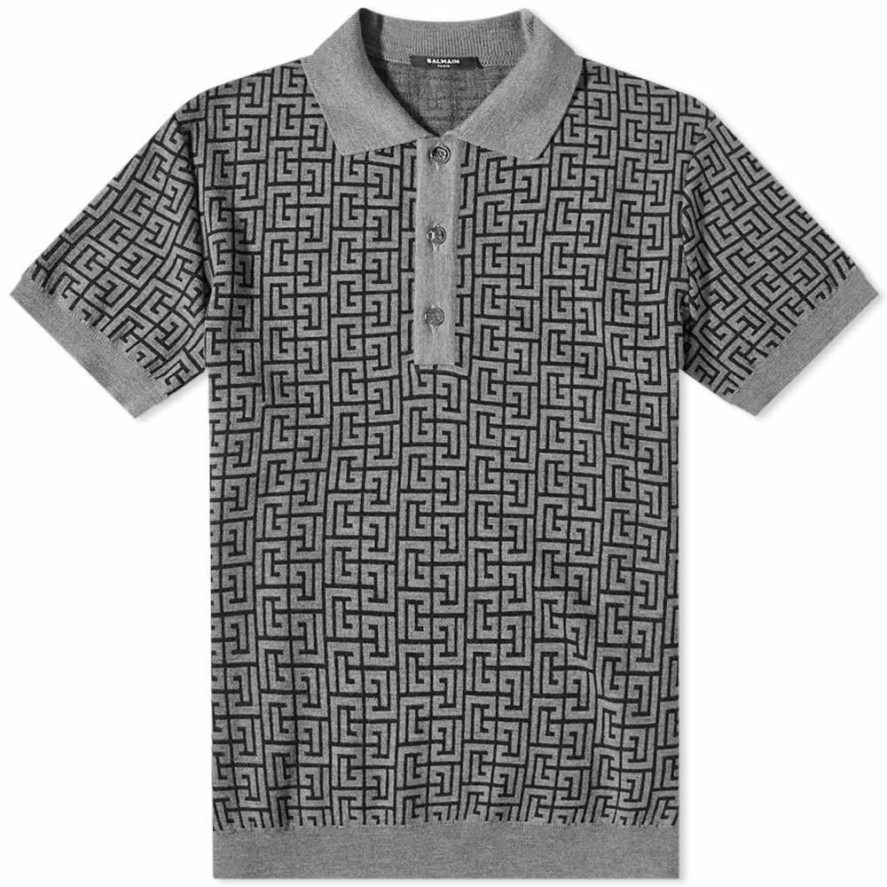 Balmain Men's Monogram Knit Polo Shirt in Black/Grey Balmain