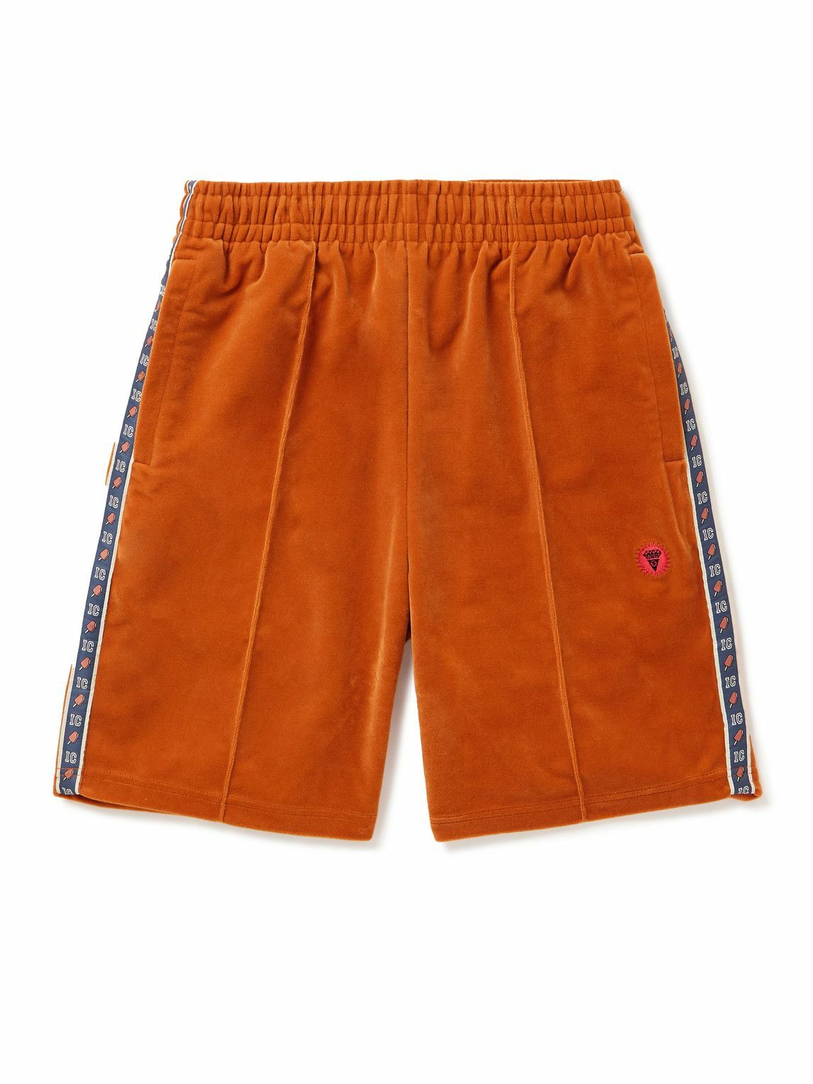 ICECREAM - Logo-Appliquéd Webbing-Trimmed Velour Shorts - Orange ICECREAM