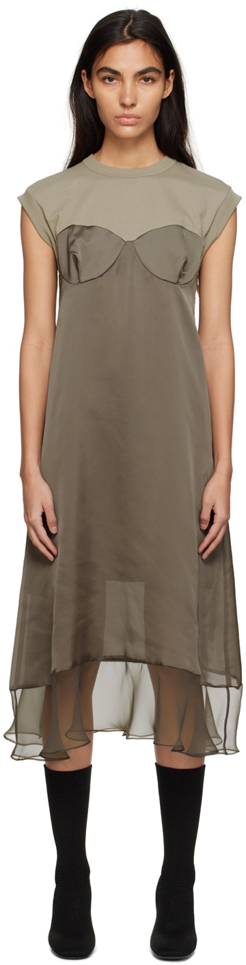 sacai Khaki Paneled Midi Dress Sacai