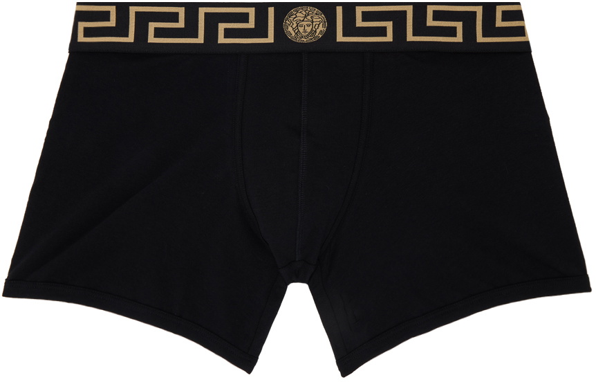 Versace Underwear Black Greca Border Long Boxers Versace Underwear