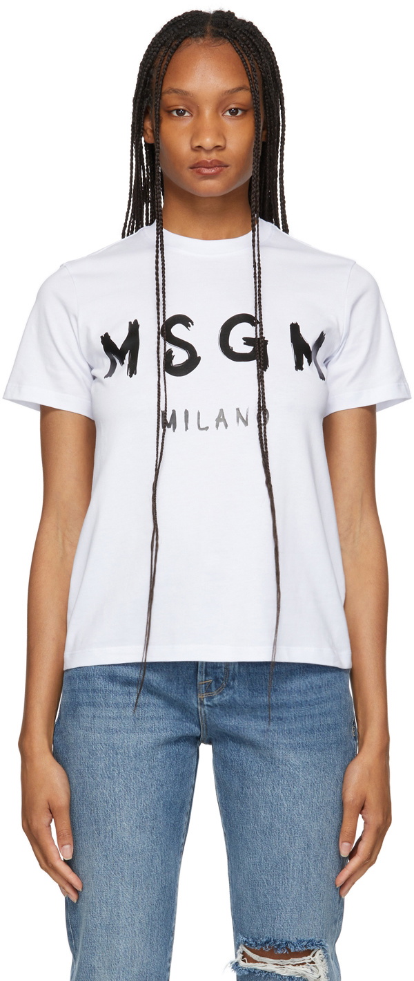 MSGM White Paint Brushed Logo T-Shirt MSGM