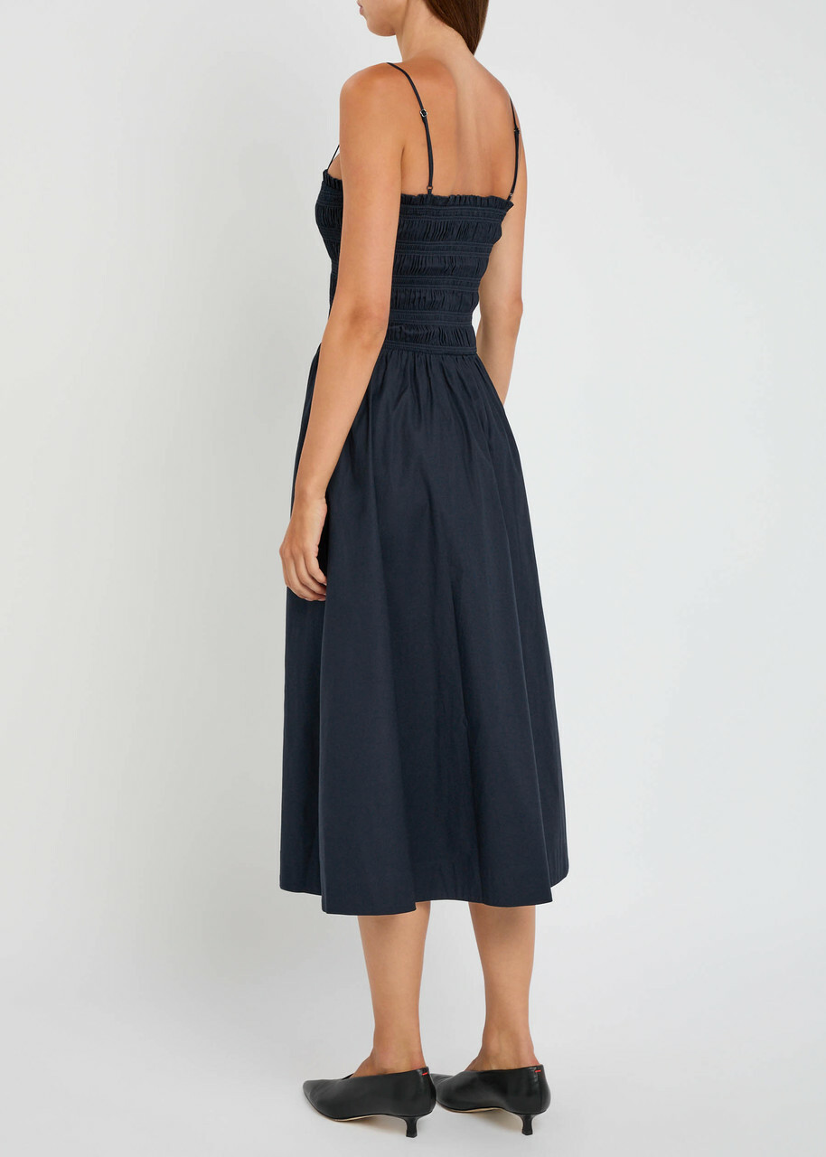 Reformation Kerrie Smocked Stretch-cotton Midi Dress Navy Reformation