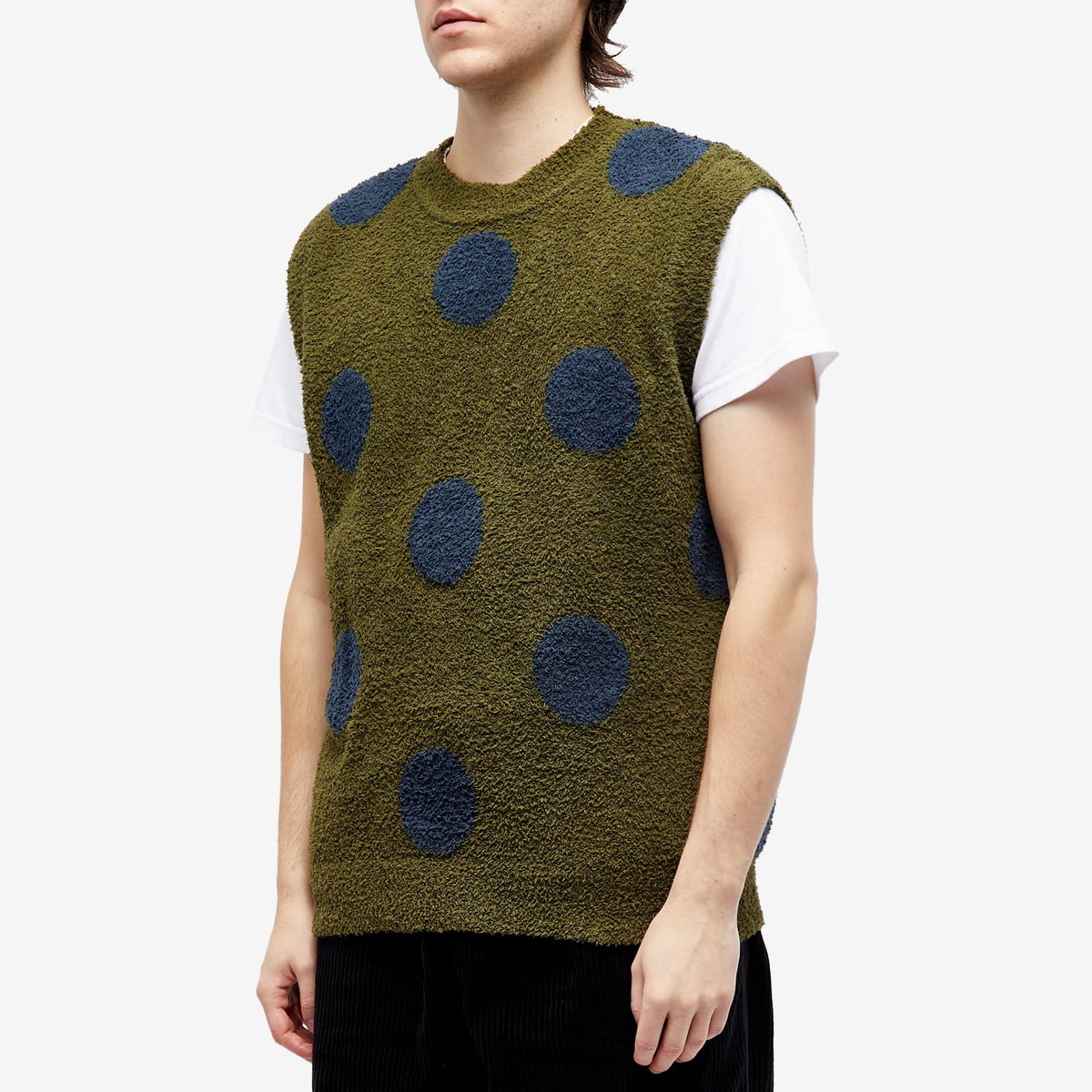 Brain Dead Men's Teddy Fur Dot Crew Knit Vest in Olive Brain Dead