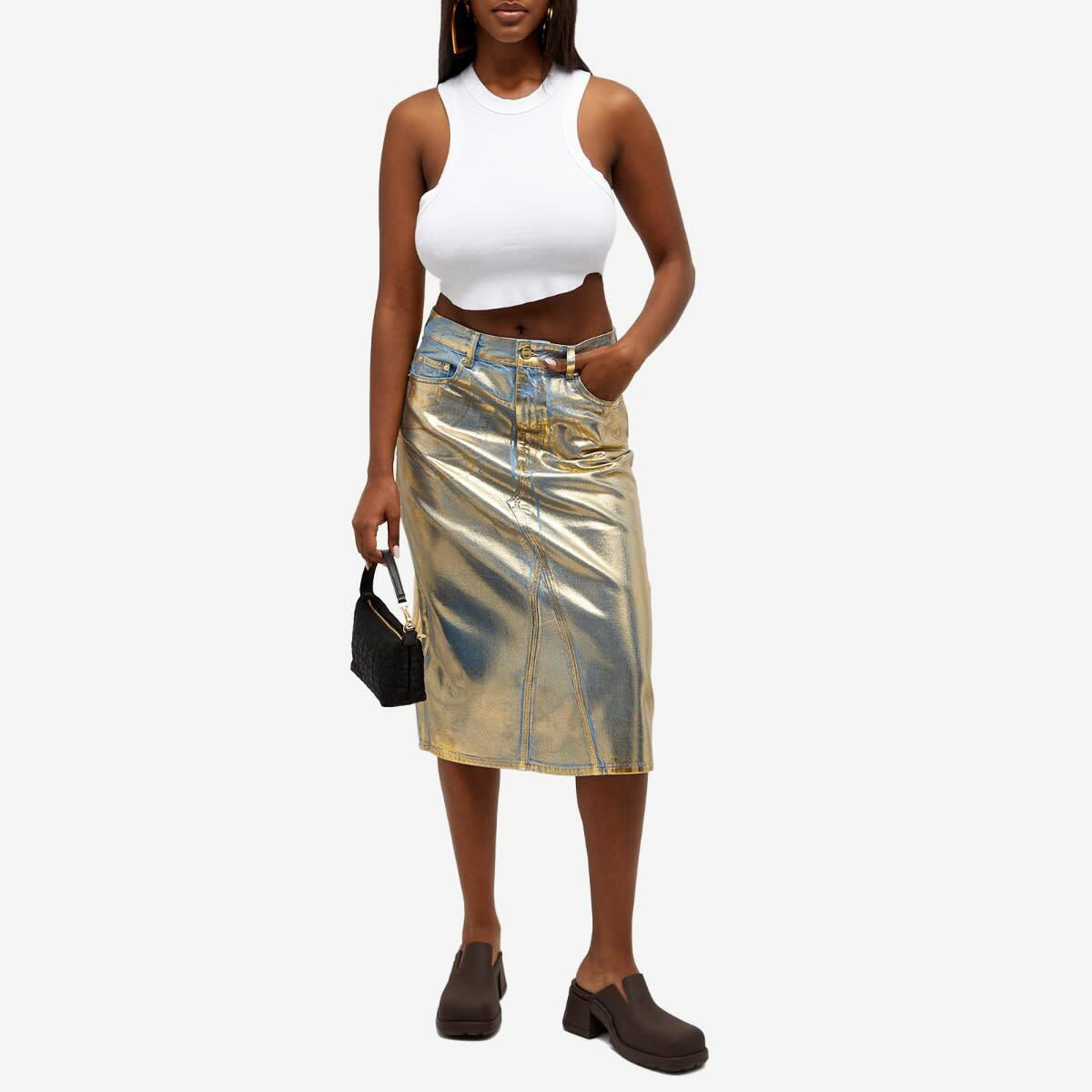 GANNI Women's Denim Midi Skirt in Gold GANNI