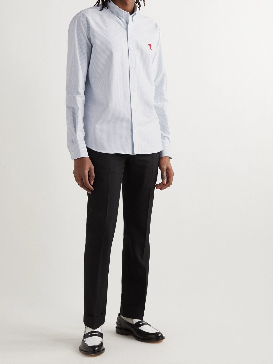 AMI PARIS - Button-Down Collar Logo-Embroidered Striped Organic Cotton ...