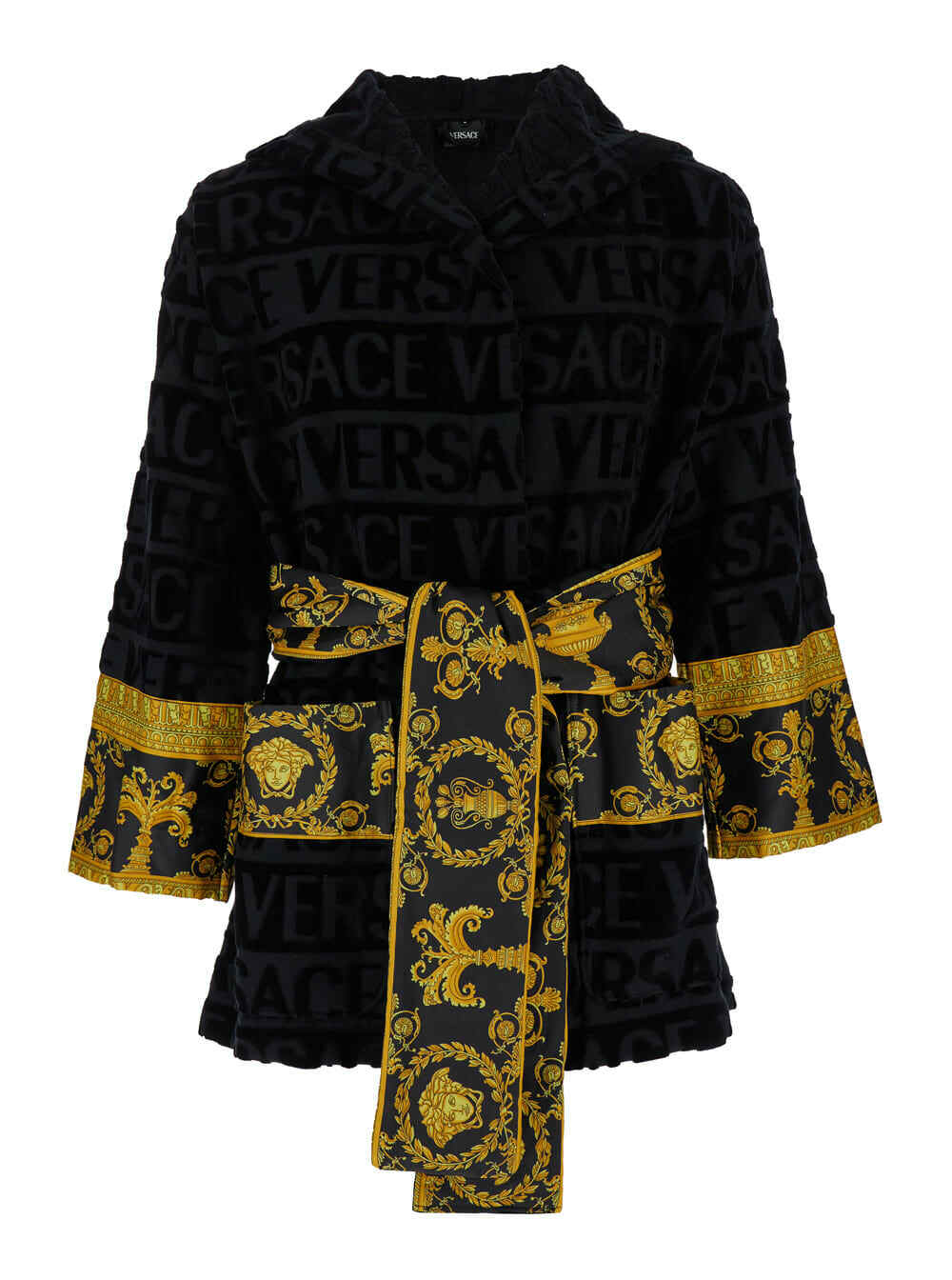 Versace Black Terry Cotton Bathrobe With Baroque Pattern Versace