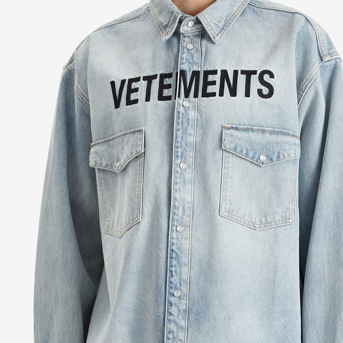 VETEMENTS Men's Embroidered Logo Denim Shirt in Light Blue Vetements