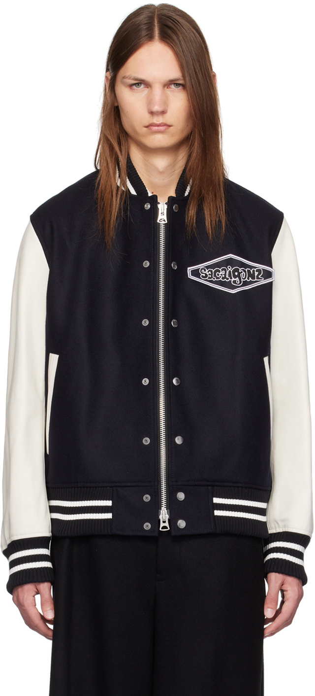 sacai Navy & White Gonz Edition Leather Bomber Jacket Sacai
