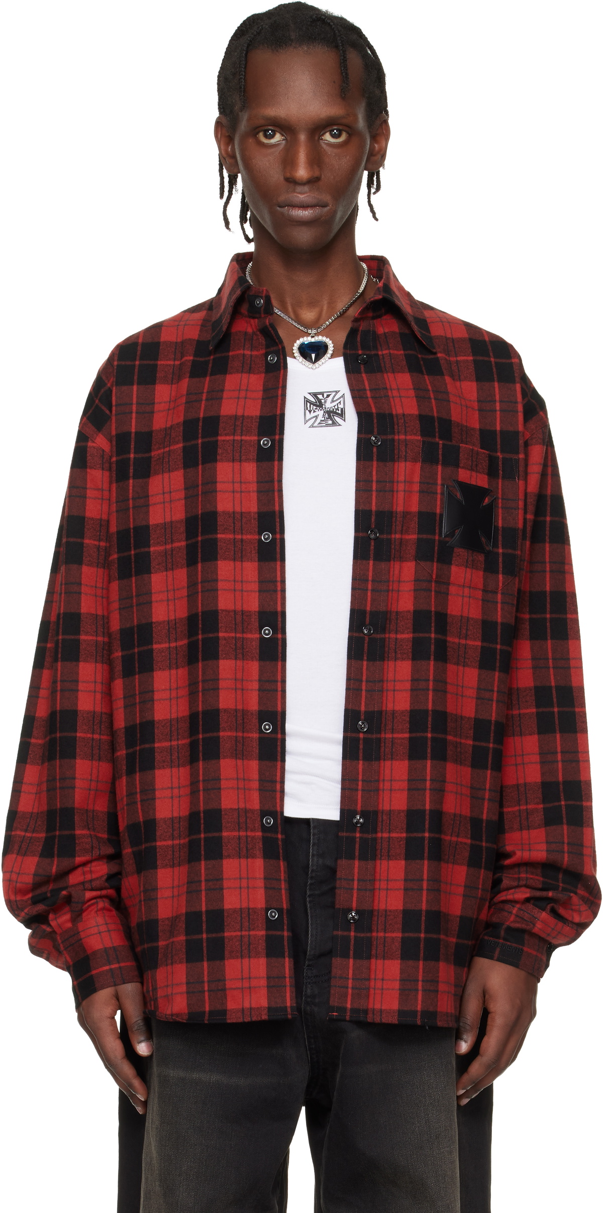 VETEMENTS Red Leather Cross Flannel Shirt Vetements