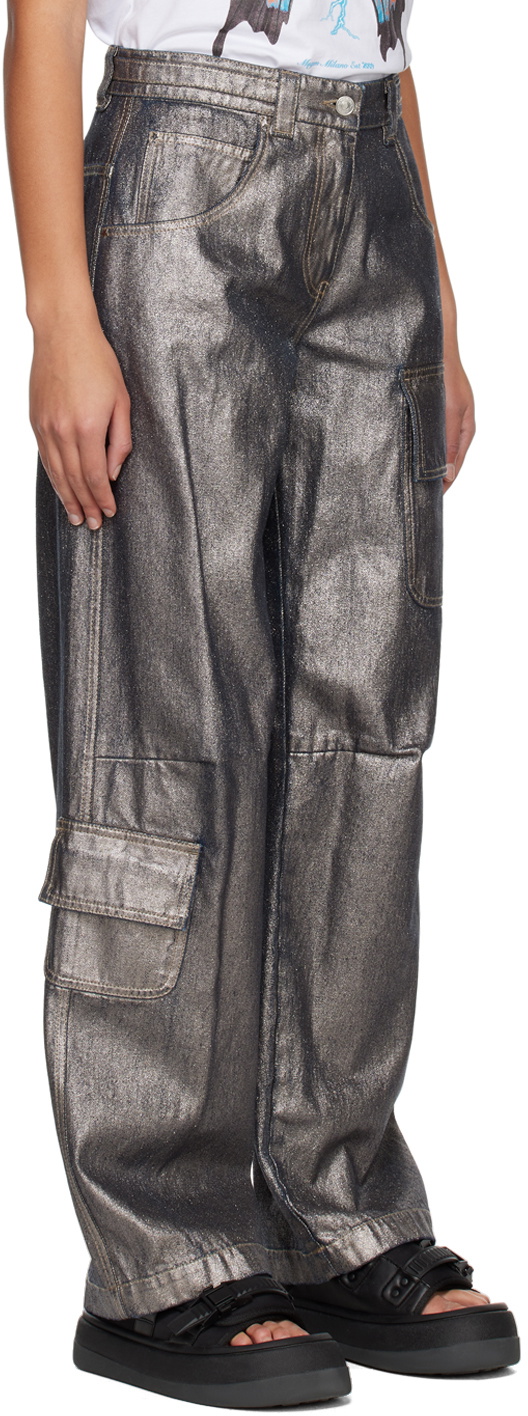 MSGM Gray Glitter Laminated Cargo Jeans MSGM