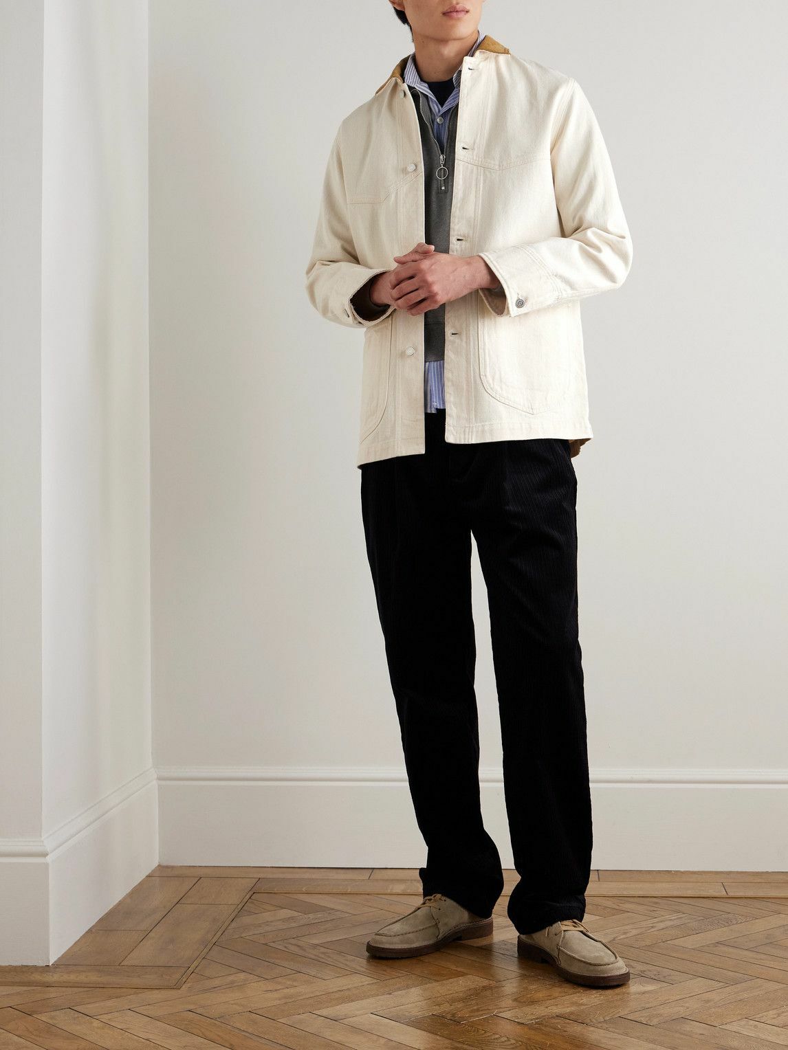 Drake's - Corduroy-Trimmed Cotton-Twill Chore Jacket - Gray Drake's