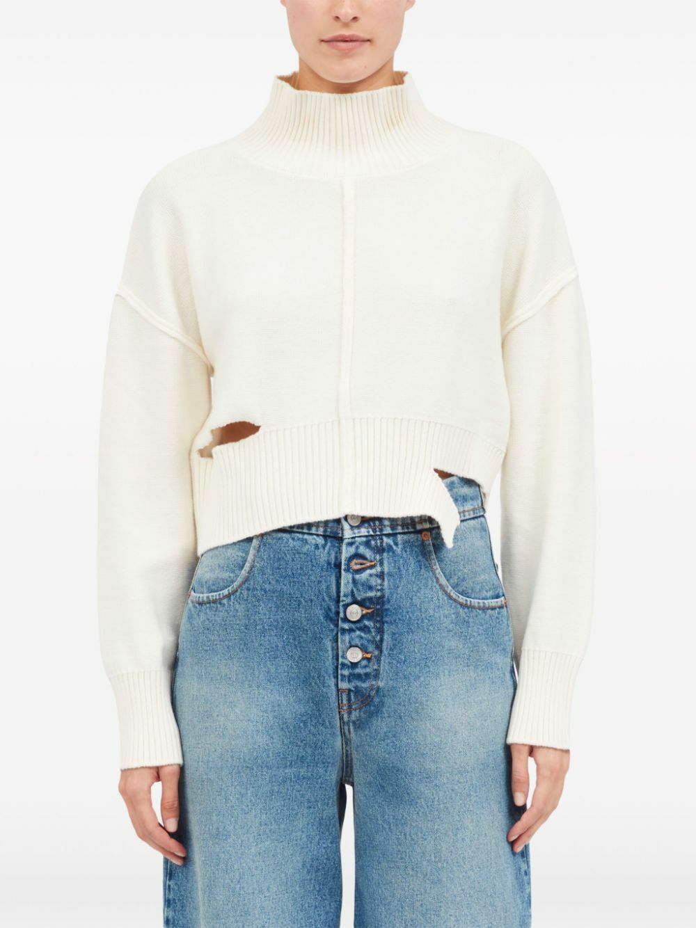 MM6 Maison Margiela White Distressed Cropped Jumper MM6 Maison Margiela