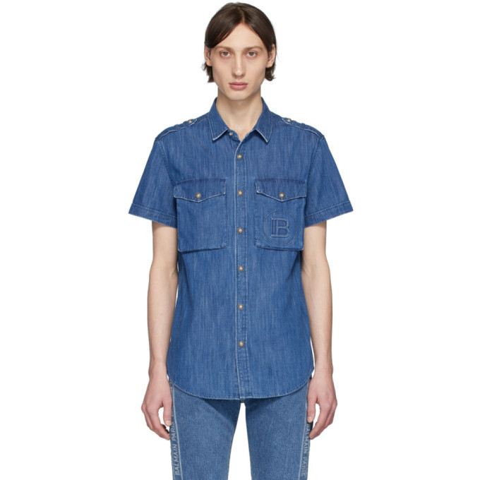 Balmain Blue Denim Embossed Logo Short Sleeve Shirt Balmain
