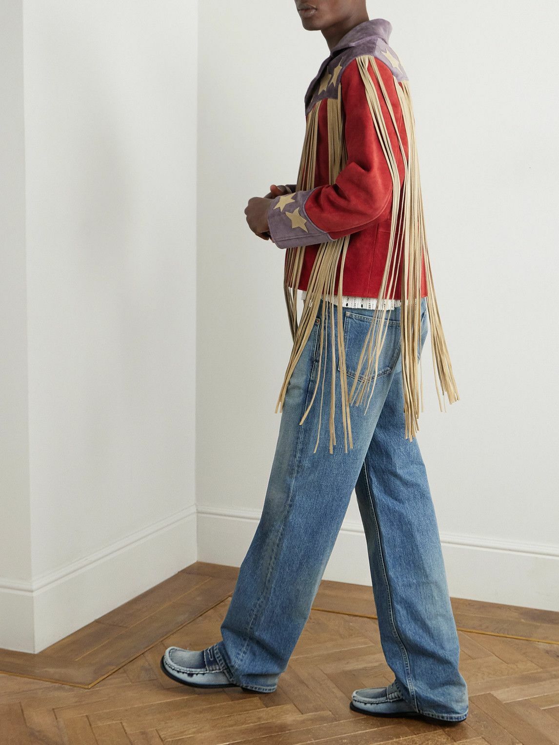 BODE - Appliquéd Colour-Block Fringed Suede Jacket - Red Bode