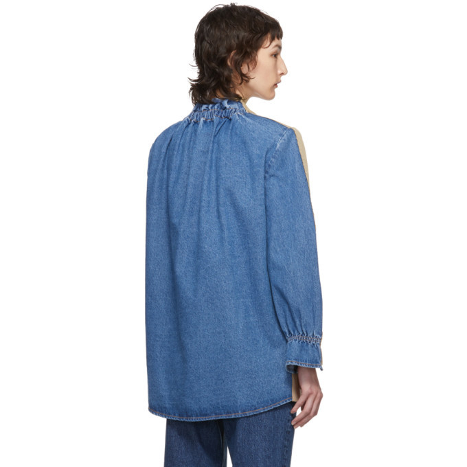 Pushbutton Beige and Blue Mixed Fabric Blazer Pushbutton